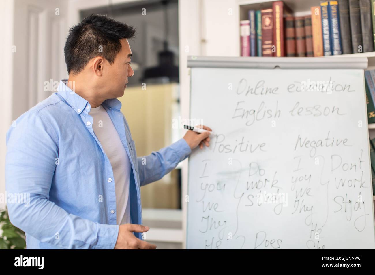 Asian Male Teacher Writing On Whiteboard During Class In Classroom