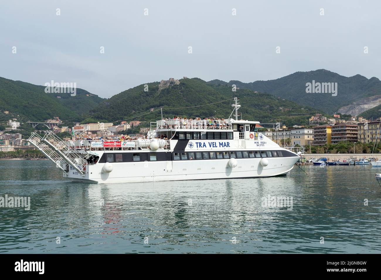 The MN Vega Passenger Cruiser departing Salerno Harbour, Italy Stock ...