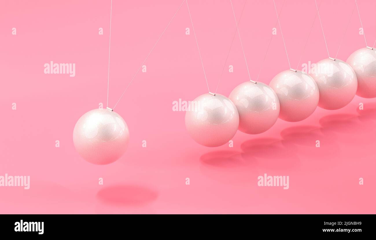 newton's pendulum with pearl marbles and pink background. 3d render ...