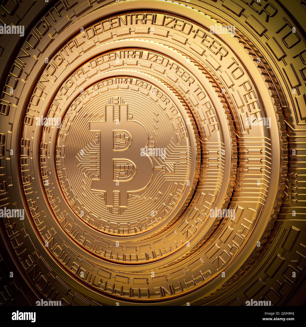 concentric background of golden bitcoin coins. 3d render Stock Photo ...
