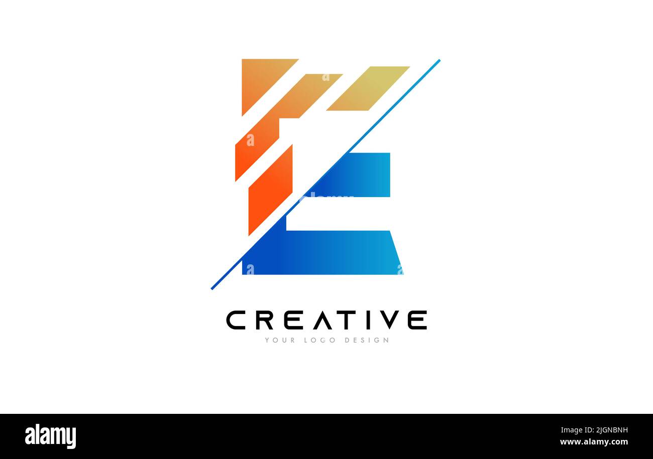 Sliced Letter E Logo Icon Design with Blue and Orange Colors and Cut ...