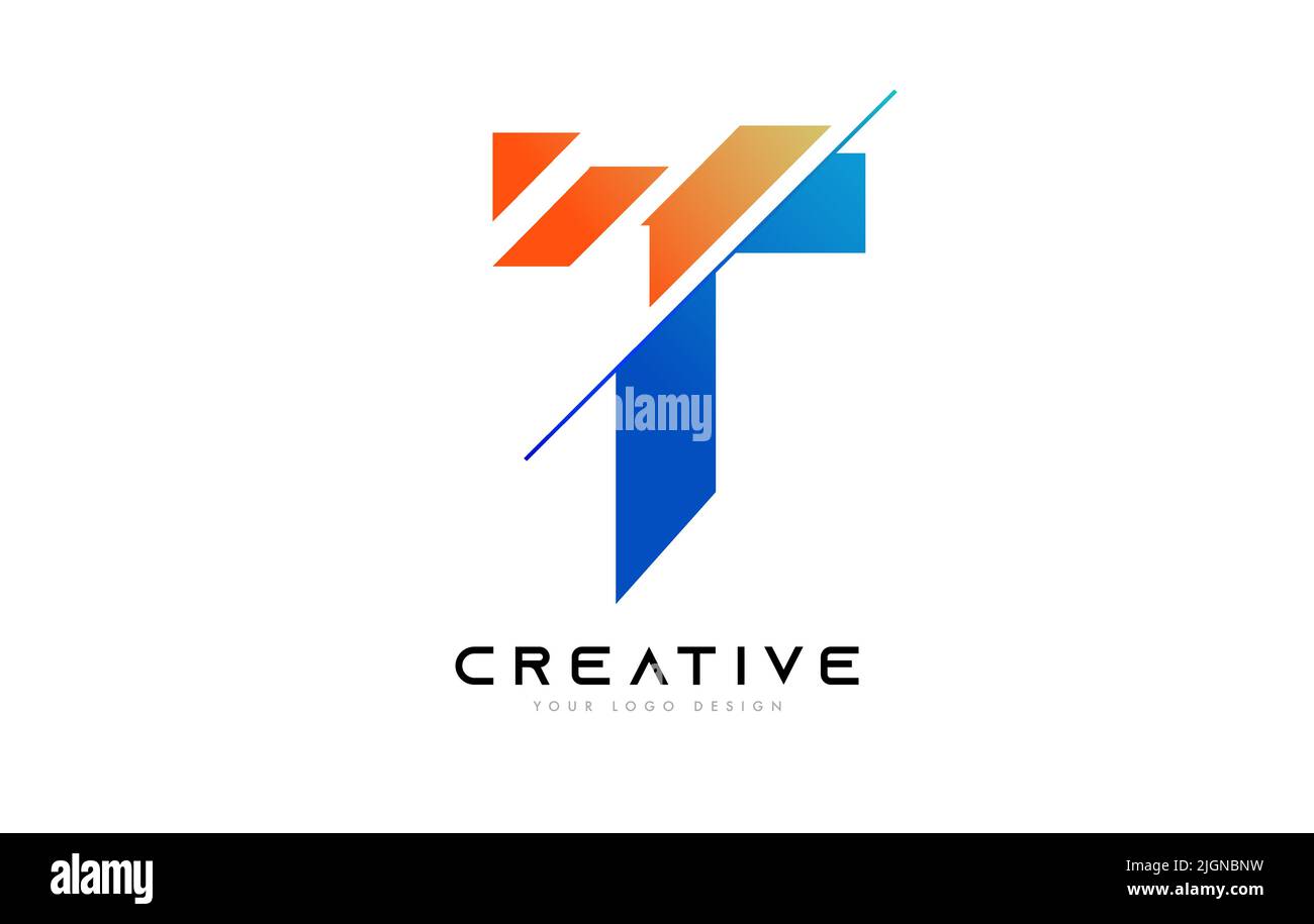Sliced Letter T Logo Icon Design with Blue and Orange Colors and Cut ...