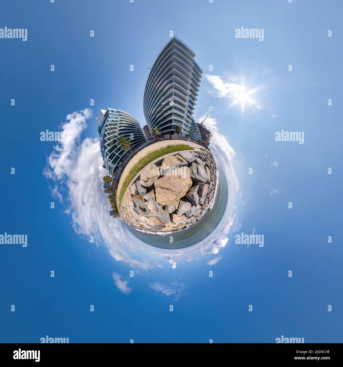 tiny planet in blue sky with clouds in city center near modern ...