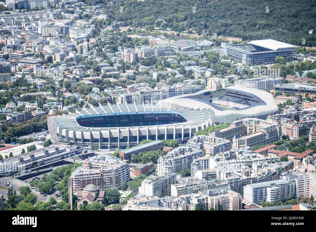 The Parc des Princes stadium, home of the PSG, seen from an helicopter ...