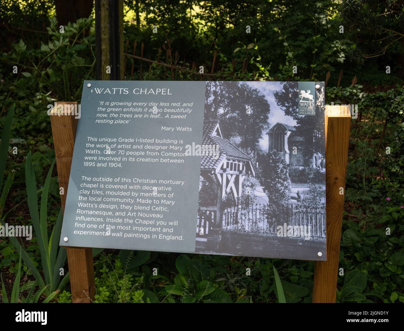 Information board for the historic Watts Chapel in the village of ...