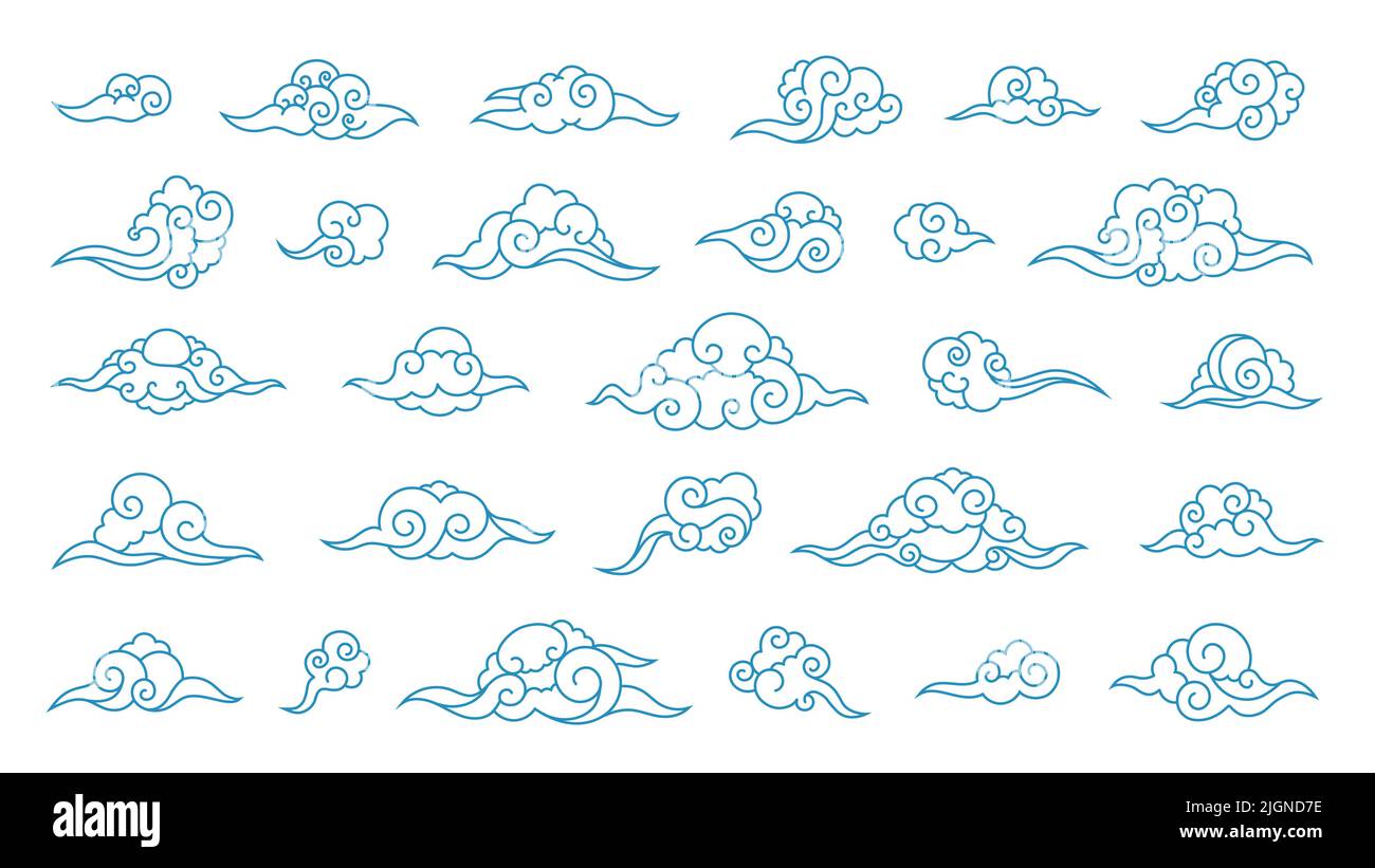 Chinese line clouds. Asian line ornament of nature elements, Korean ...