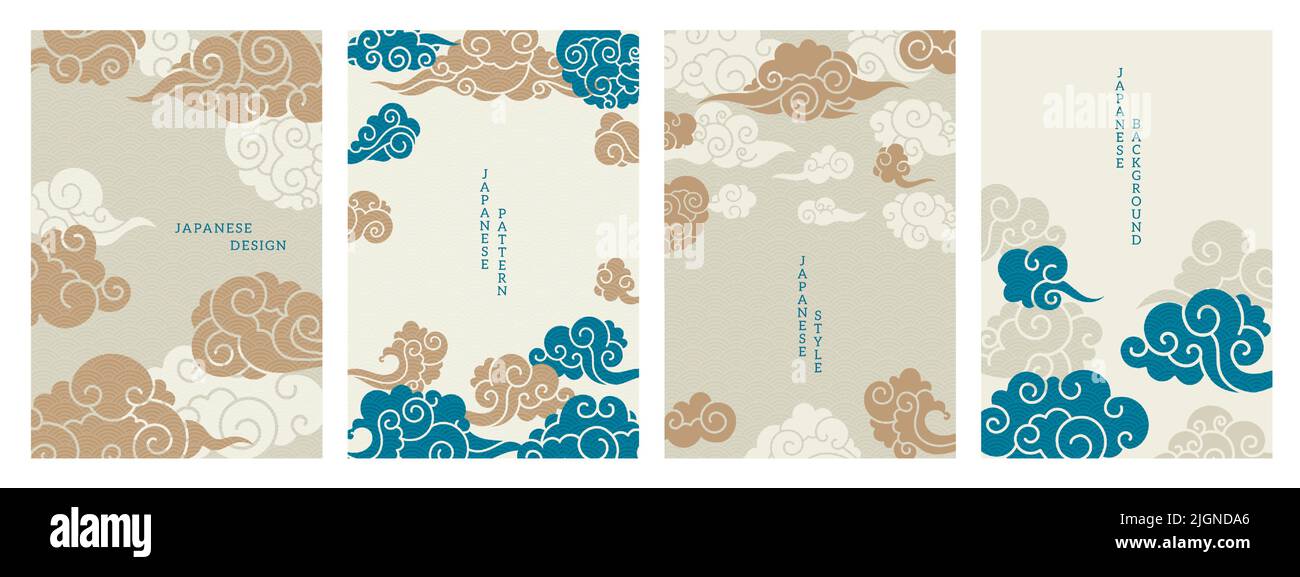 Asian posters with clouds. A4 cover mockup with oriental decorative ...