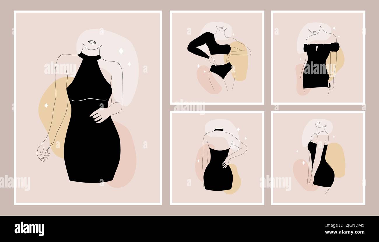 Set of minimalist female bodies on colored spots. Linear women in black ...