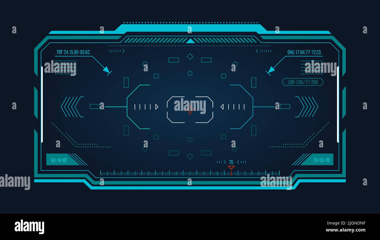 Futuristic HUS screen. Sci-Fi shooter game digital target aim, technology UI borders and frames ...