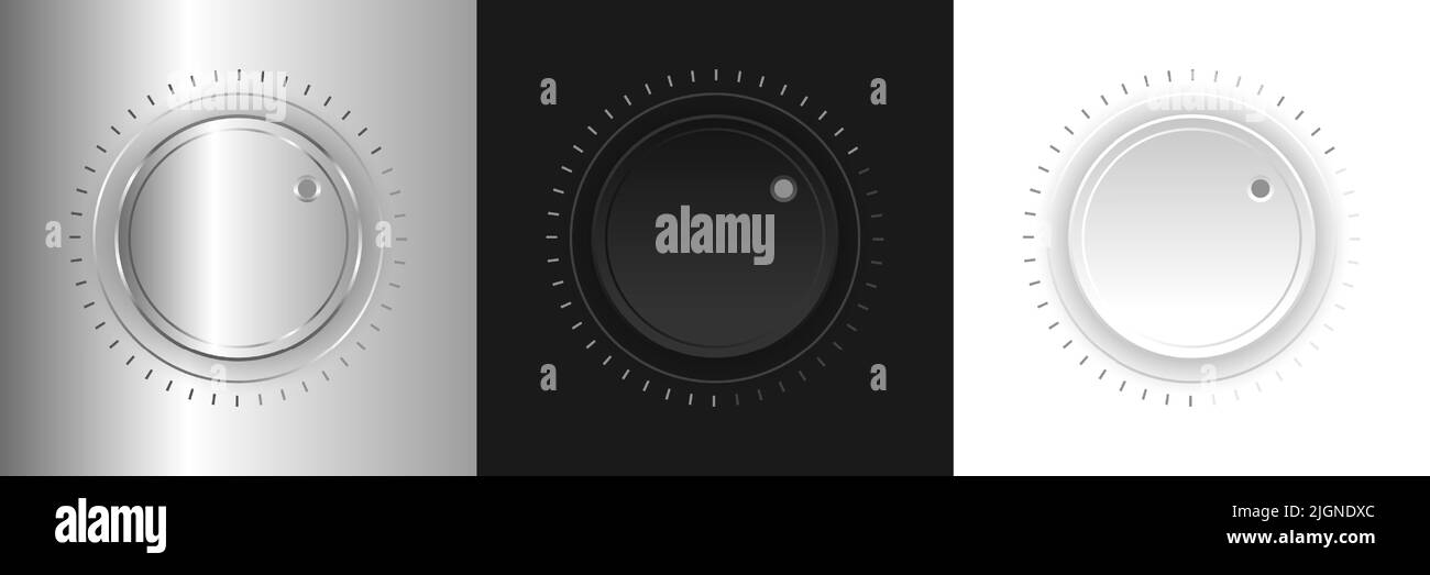 Set of realistic control knob. Metallic, black end white regulator knob ...