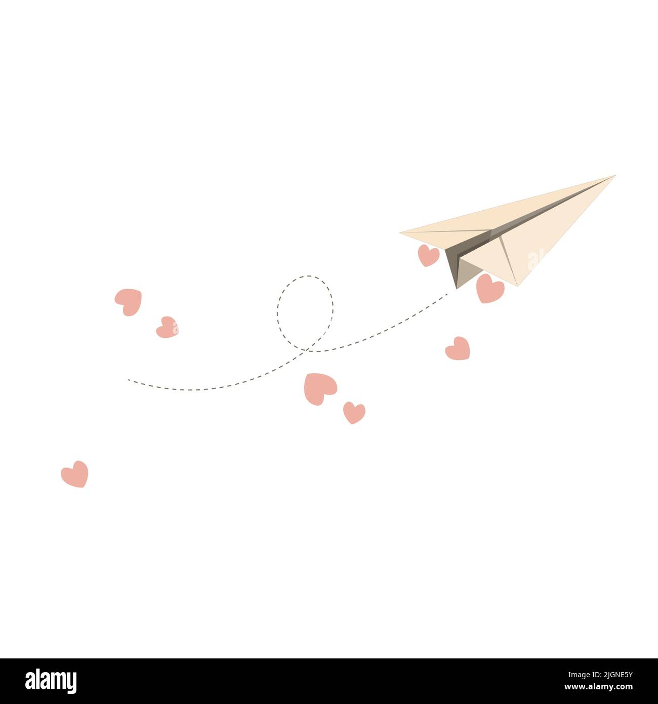Flying paper airplane with hearts and dotted air route. Valentine day ...