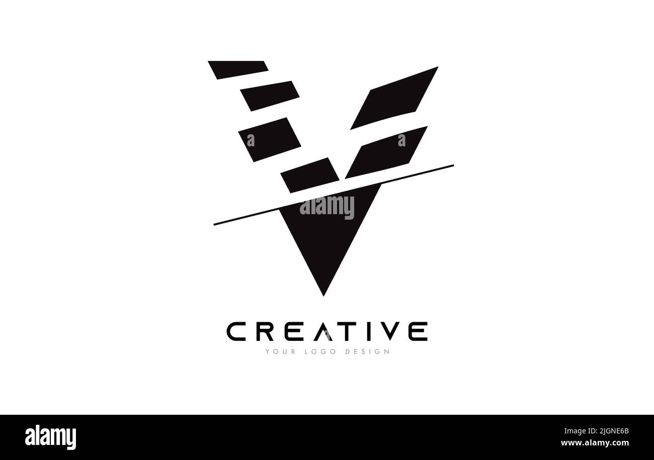 Sliced Letter V Logo Icon Design with Black and White Colors and Cut ...