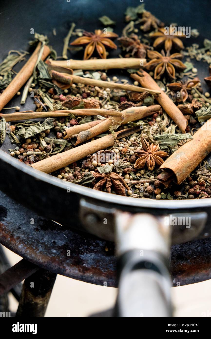 spices in a pan, A spice is a seed, fruit, root, bark, or other plant ...