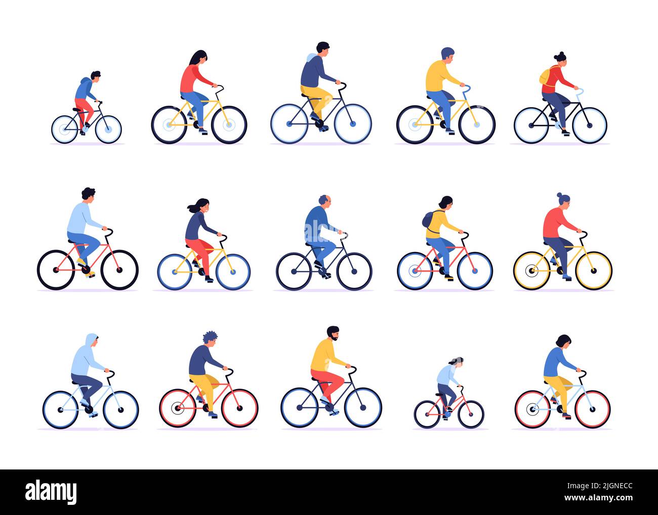 People on bicycle. Cartoon persons ride on bike, different sportsmen ...