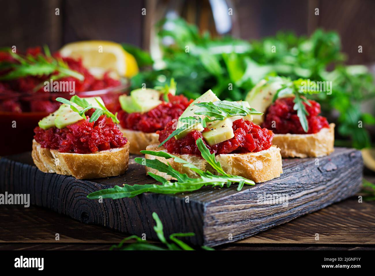 Vegetarian food. Healthy eating. Sandwiches with beetroot pate Stock ...