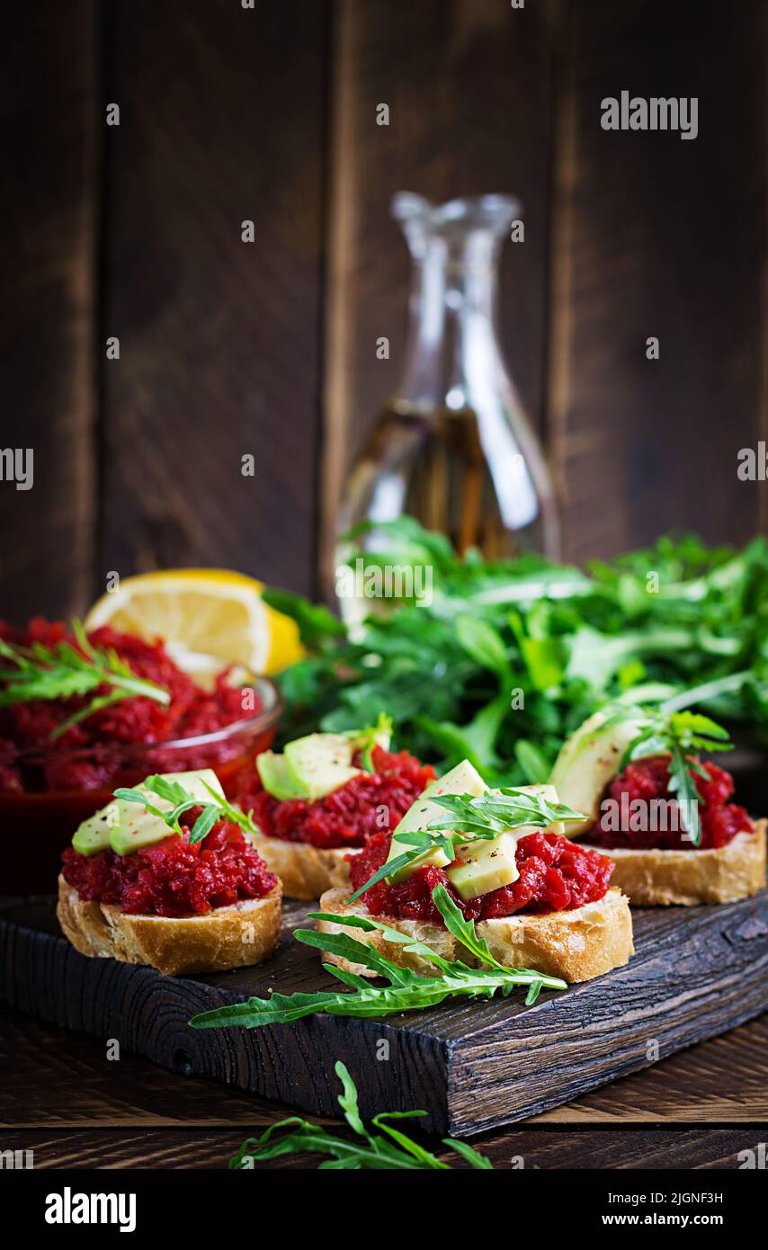 Vegetarian food. Healthy eating. Sandwiches with beetroot pate Stock ...