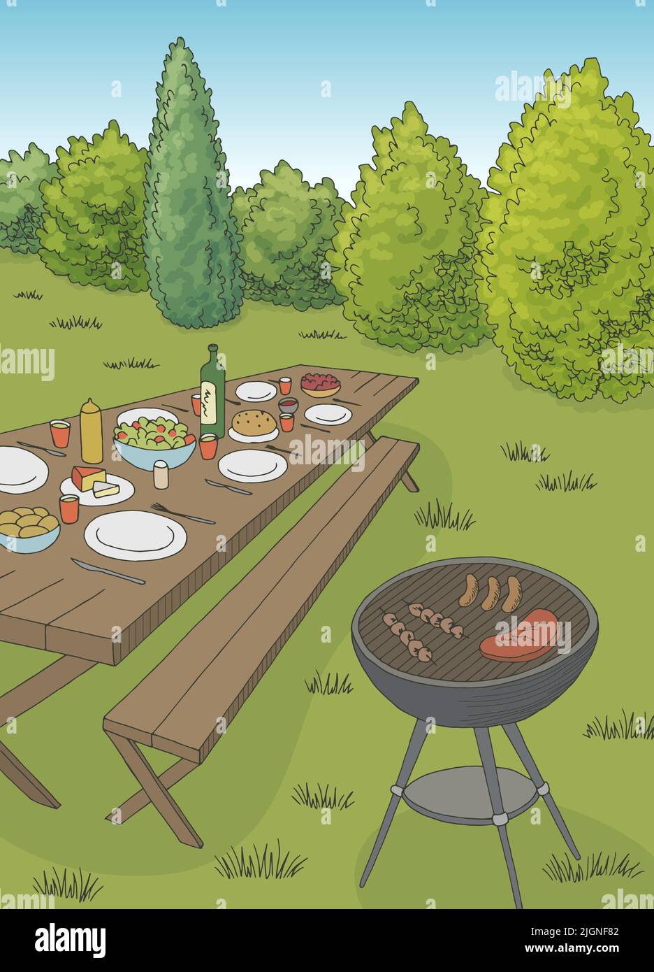 Barbecue graphic color vertical landscape sketch illustration vector ...