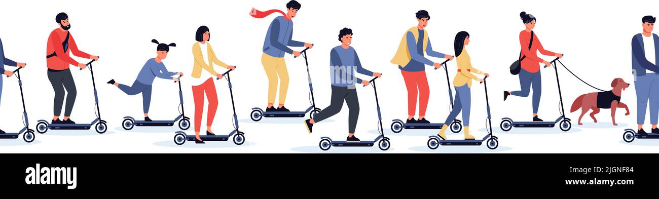 People on scooter pattern. Seamless horizontal print with characters ...