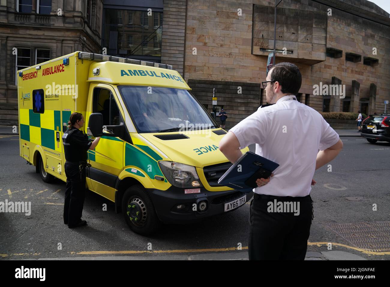 A private ambulance carrying the defendant arriving at Edinburgh ...