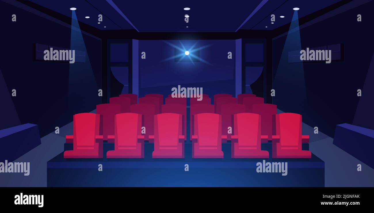 Cartoon cinema auditorium. Movie theater dark room with red seats and ...