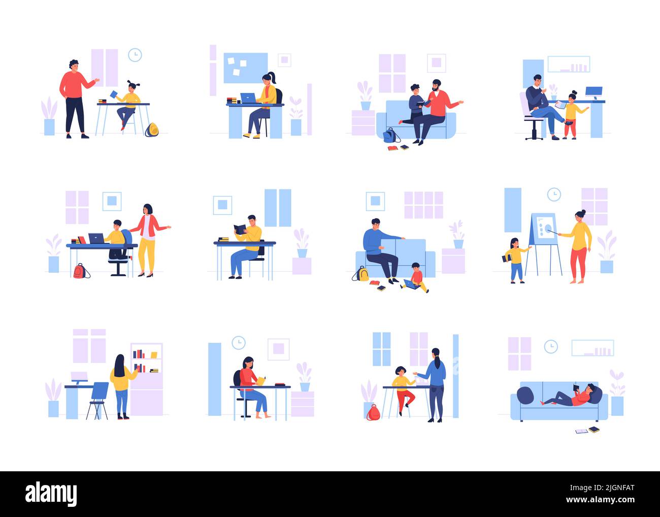 Remote lessons. Cartoon parents and children learning at home via ...