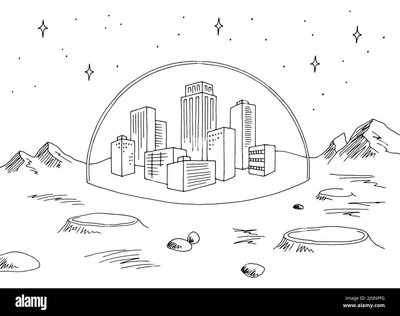 City on alien planet graphic black white space landscape sketch ...