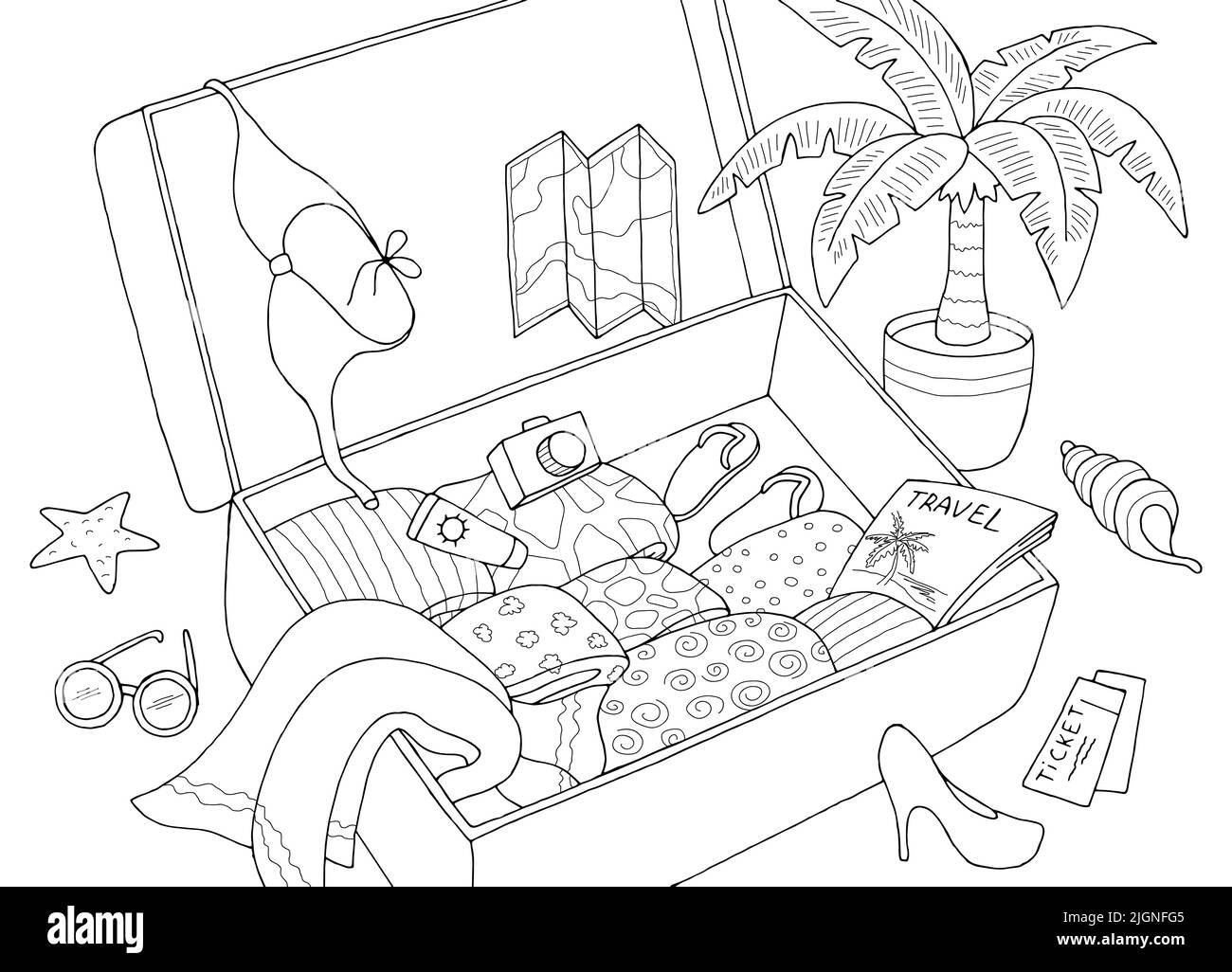 Vacation travel suitcase graphic black white isolated sketch ...