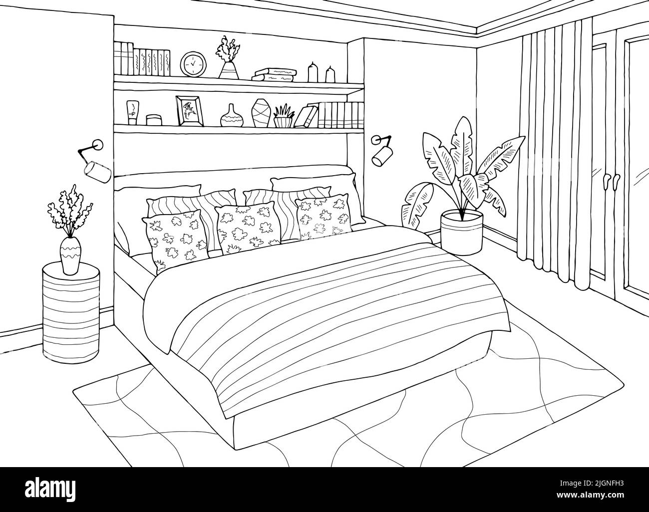 Bedroom graphic black white home interior sketch illustration vector ...