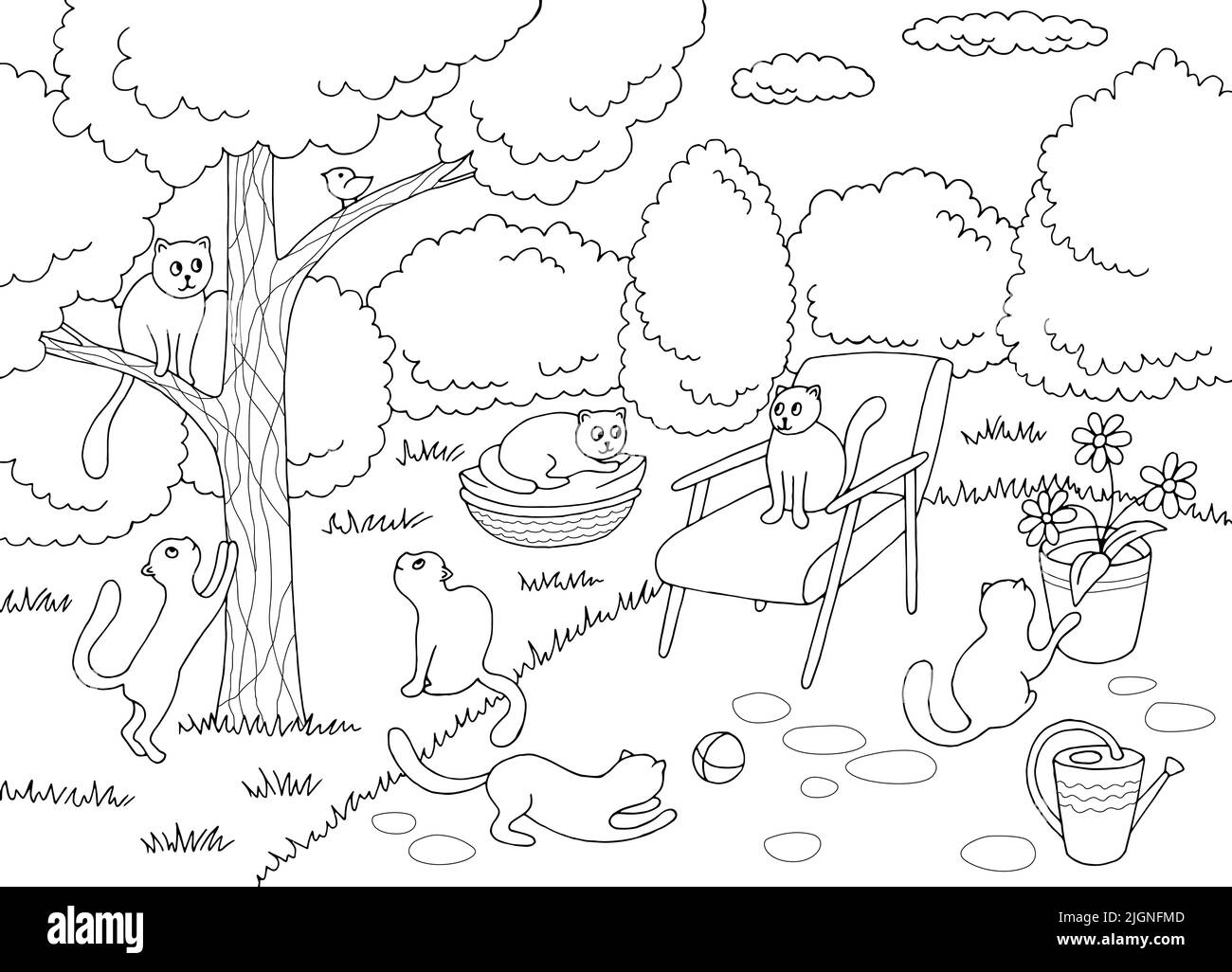 Cats play in garden graphic black white sketch landscape illustration ...