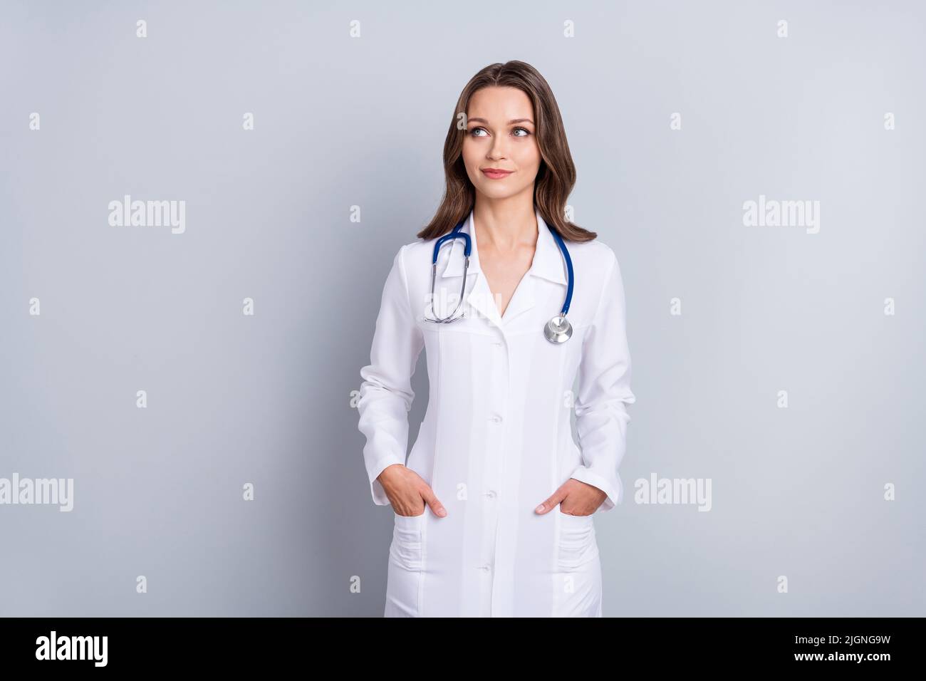 Photo of young pretty girl therapist think wonder look empty space ...