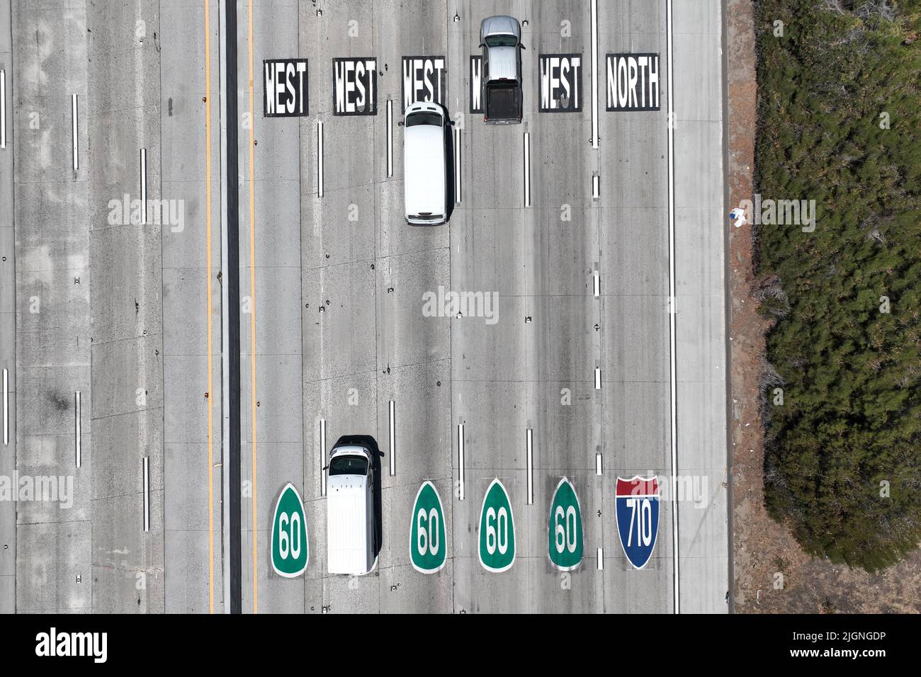 A general overall aerial view of traffic on the State Route 60 freeway ...