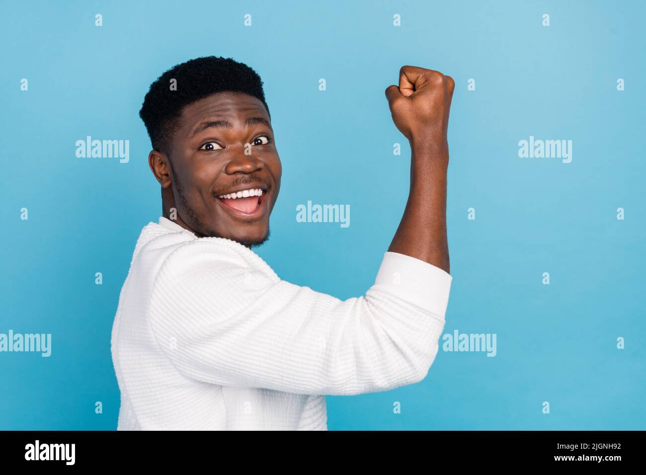 Profile side photo of overjoyed good mood enthusiastic male showing his ...