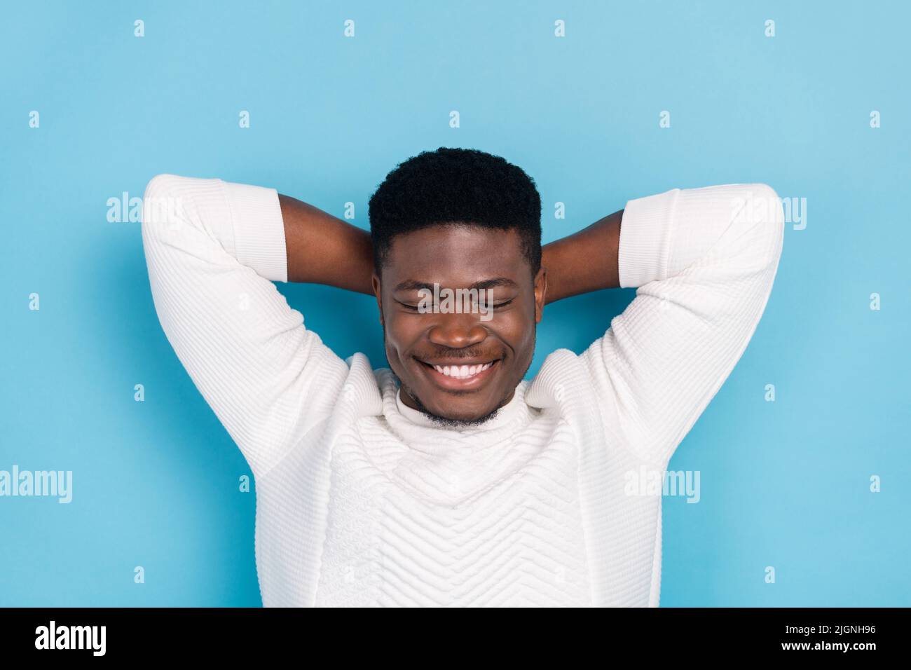 Top view photo of young relaxing man have free time sleeping after hard ...
