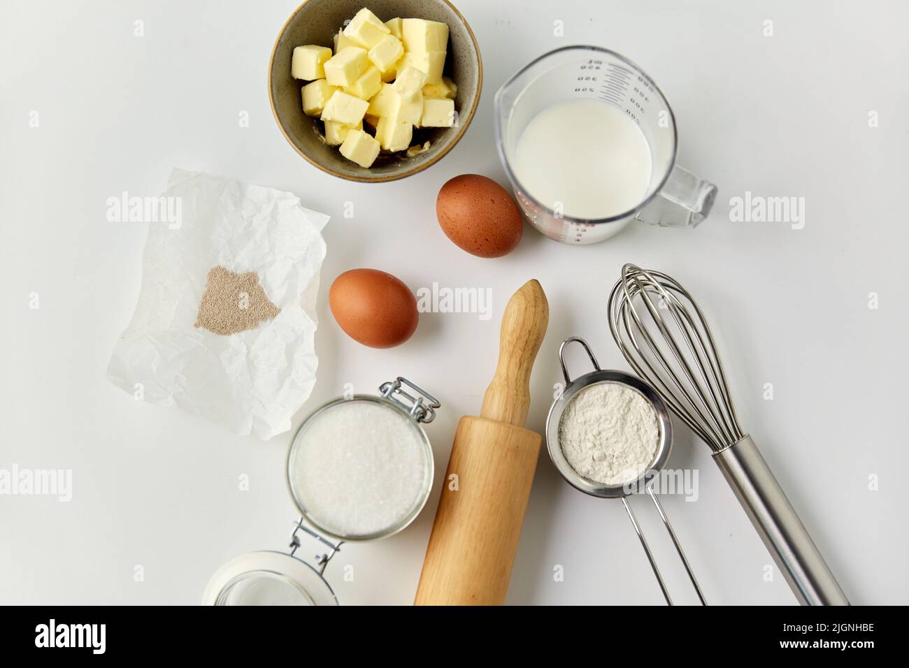 rolling pin, butter, eggs, flour, milk and sugar Stock Photo - Alamy
