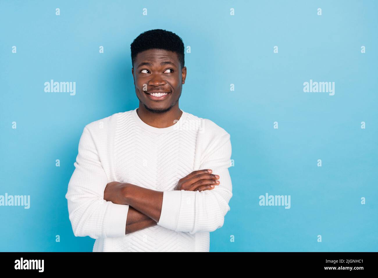 Photo of cheerful handsome clever businessman look blank space ...