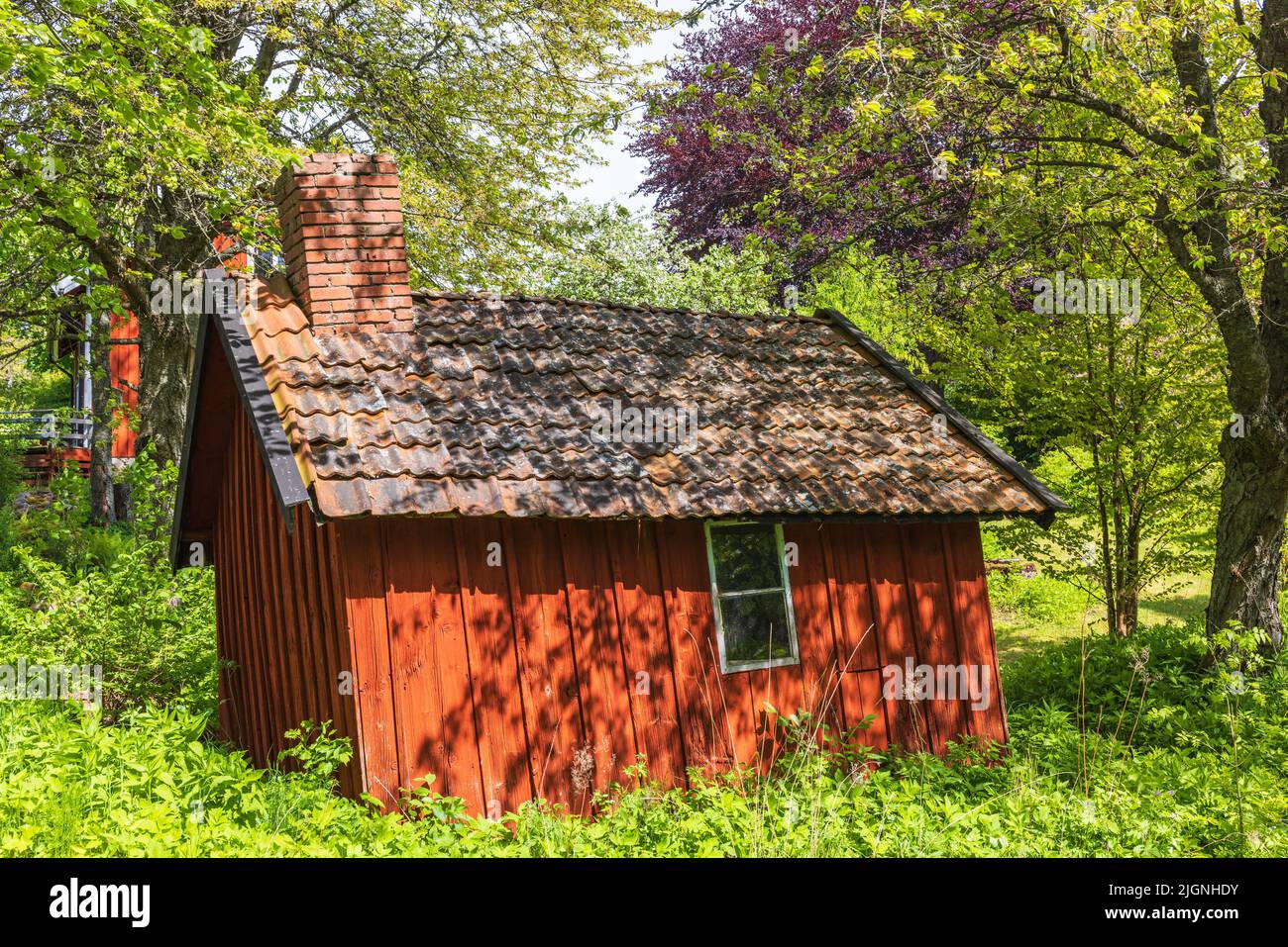 Old leaning red wooden shed Stock Photo - Alamy