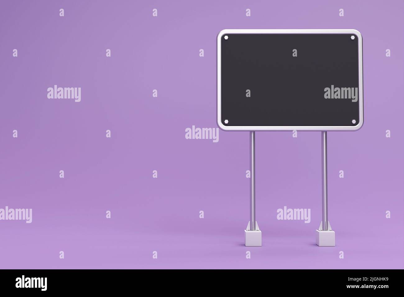 Blank chalk board street stand mockup on purple background. Two steel ...