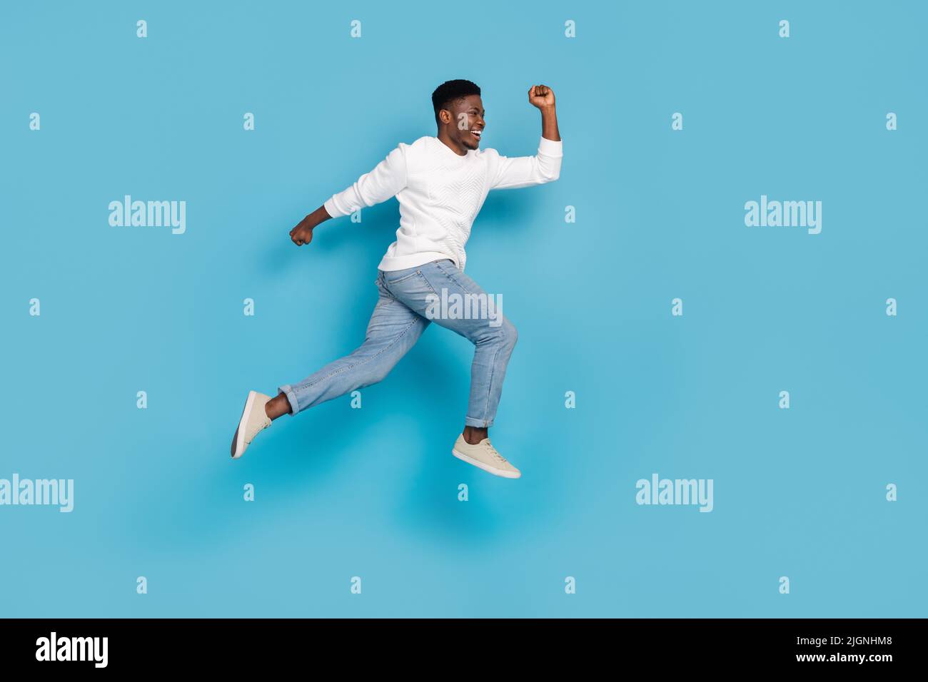 Full body portrait of excited person hurry rush look empty space ...