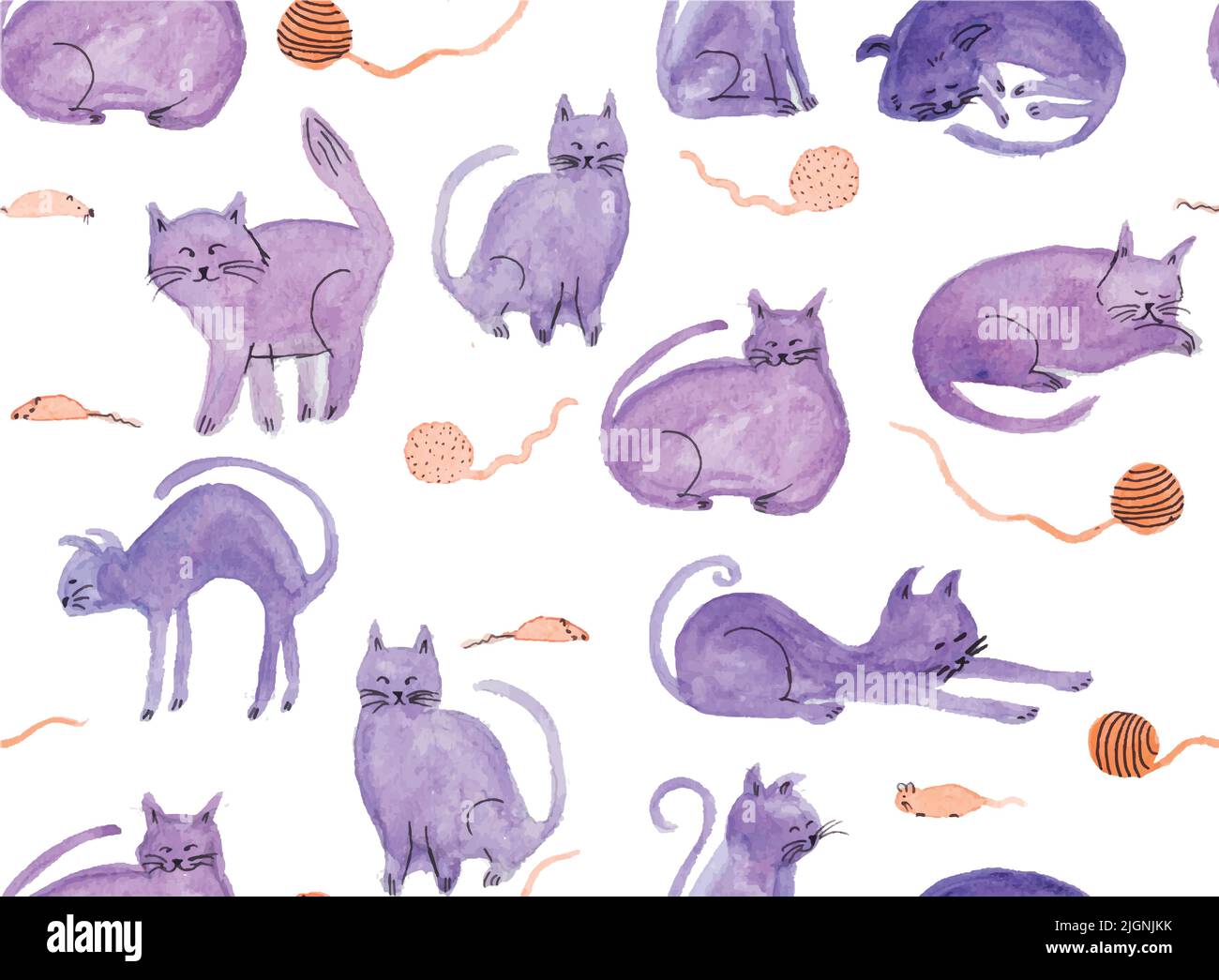 Watercolor hand painted purple cats and mouses iolated on white ...