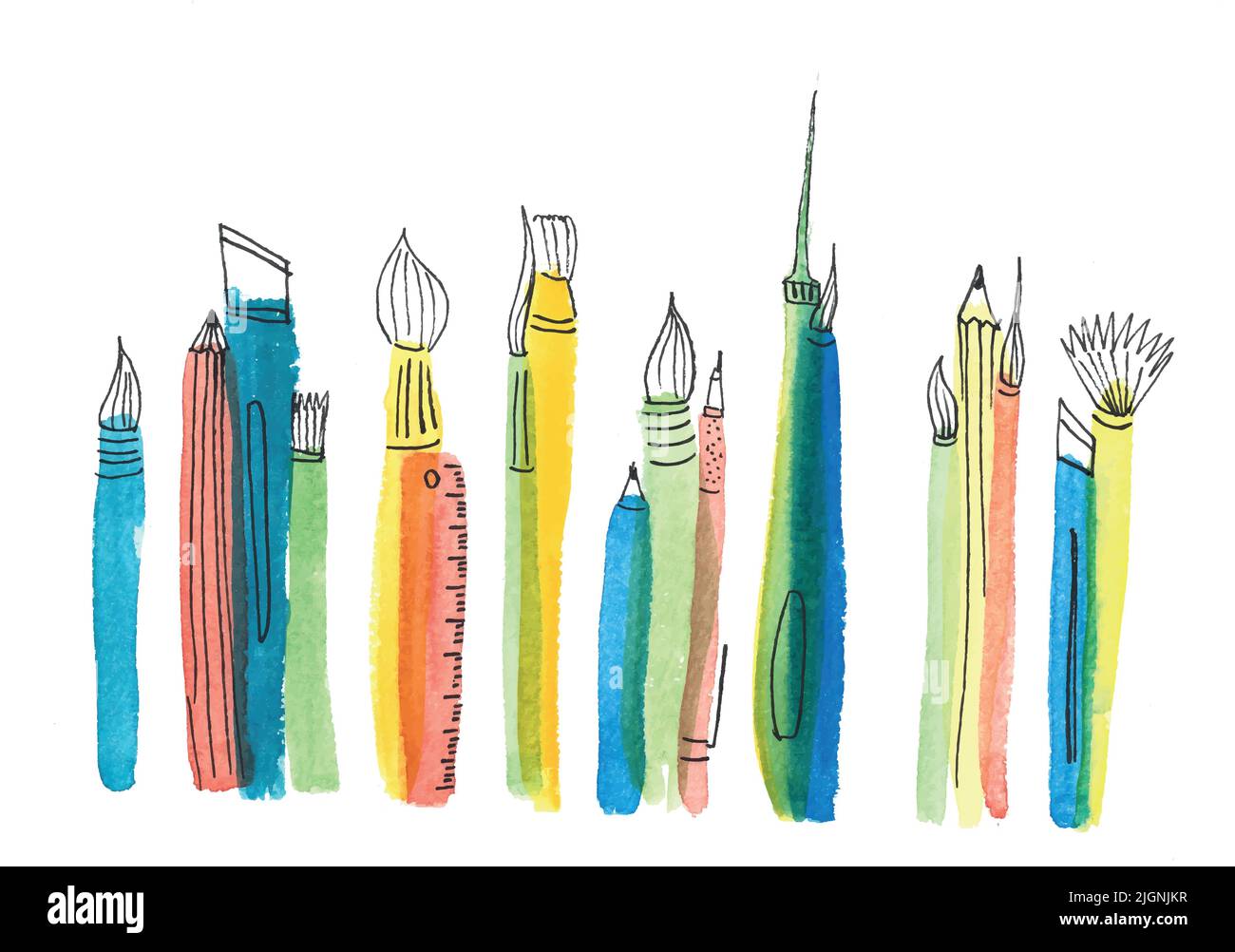 Art tools hand painted with watercolors and black ink illustration ...