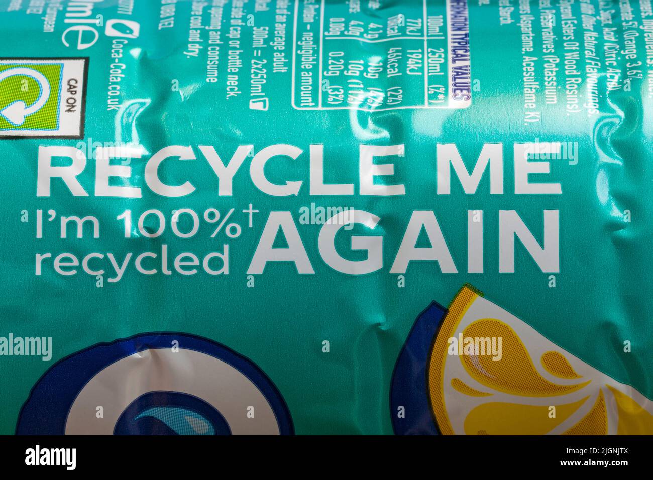 Recycle Me I'm 100% recycled again - information on on bottle of Oasis ...