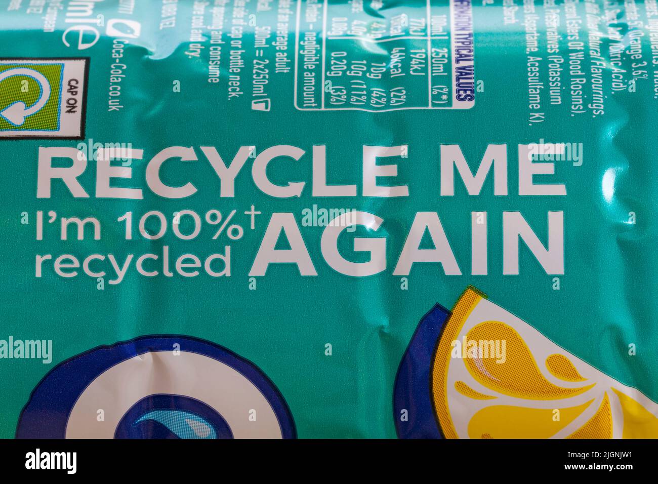 Recycle Me I'm 100% recycled again - information on on bottle of Oasis ...