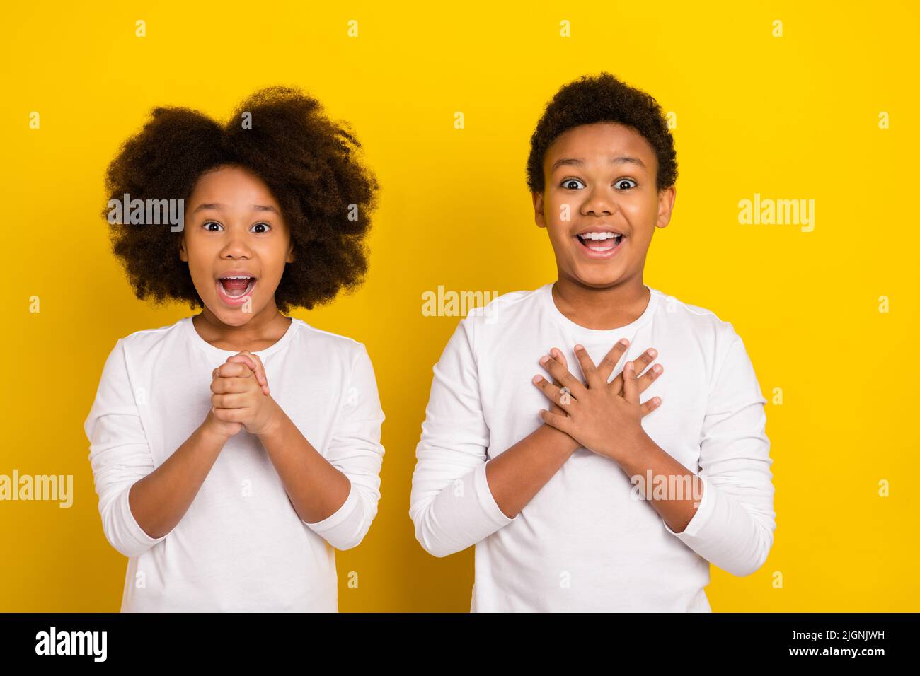 Photo of two astonished excited siblings open mouth stare speechless ...
