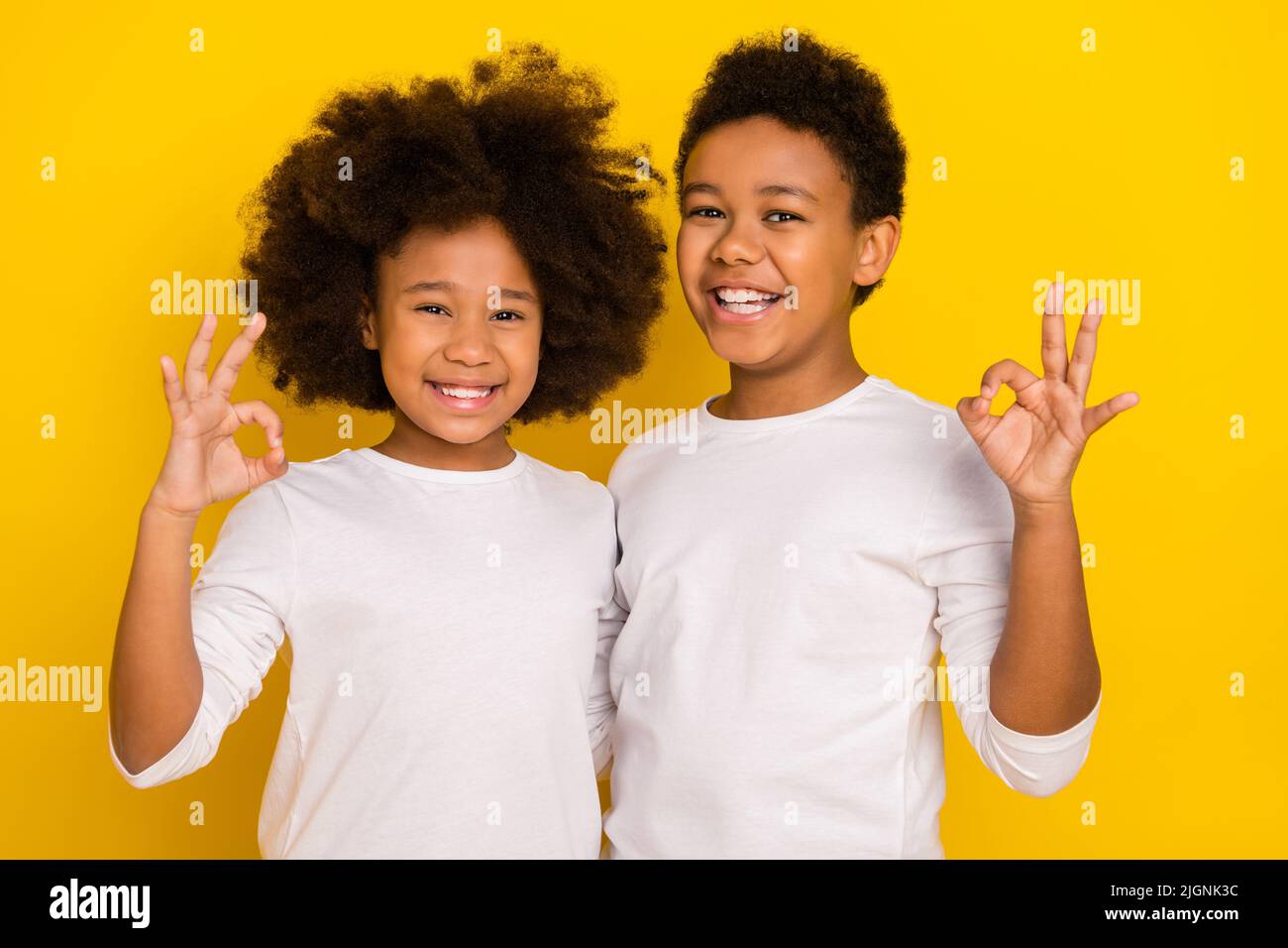 Photo of confident shiny schoolkids dressed white shirts showing two ...