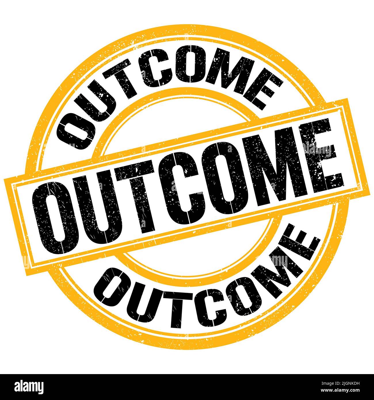 OUTCOME text written on yellow-black round stamp sign Stock Photo - Alamy