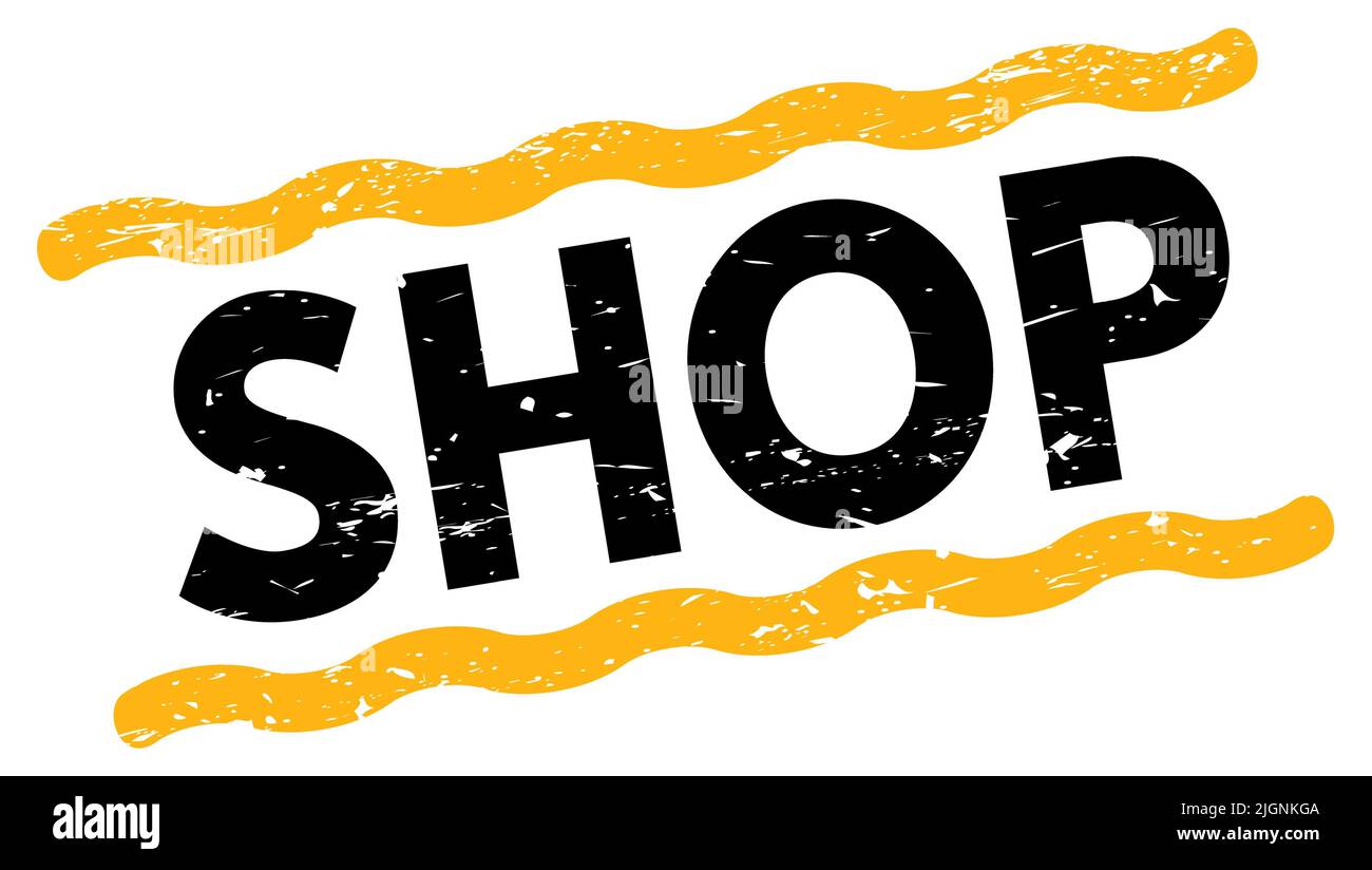 SHOP text written on yellow-black lines stamp sign Stock Photo - Alamy