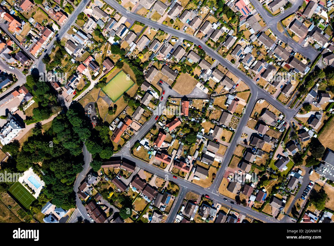 An aerial view directly above a suburban community on the outskirts of ...