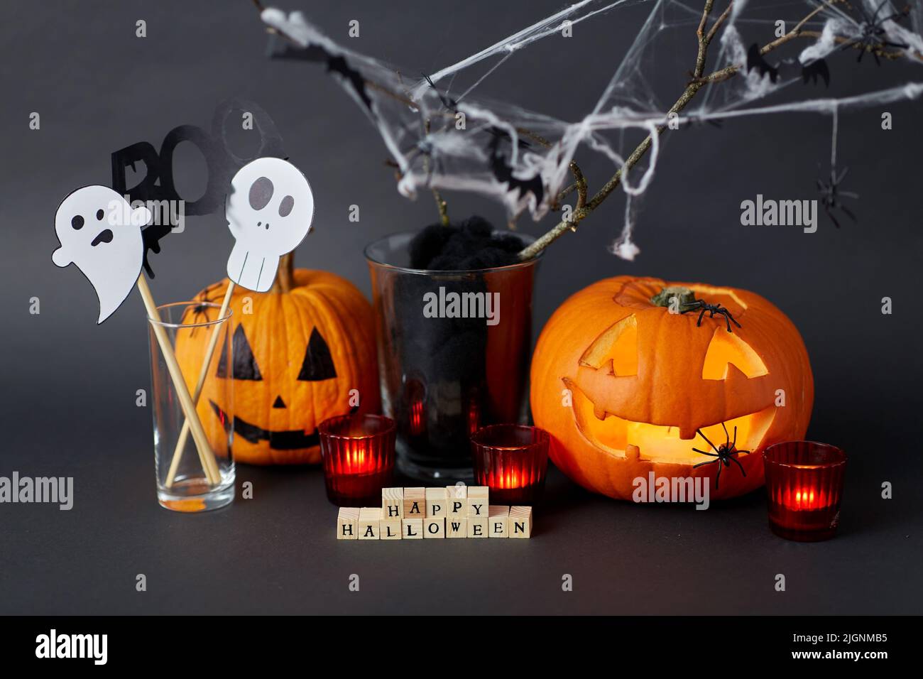 happy halloween toy blocks and party decorations Stock Photo - Alamy