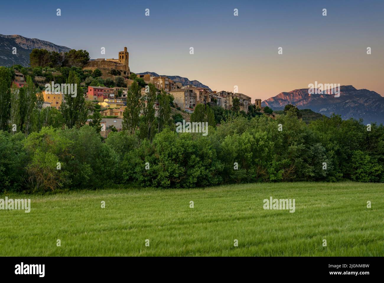 Àger village and the Montsec range at sunset, twilight and night (La ...