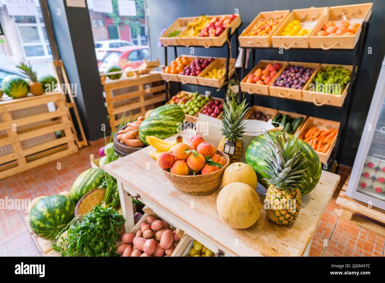 Healthy fruit and vegetables in grocery shop. Vegetarian food ...